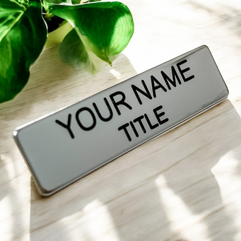 Silver 2 Line - 5/8 x 2 1/2 Metal Engraved Uniform Name Tag With Clutch