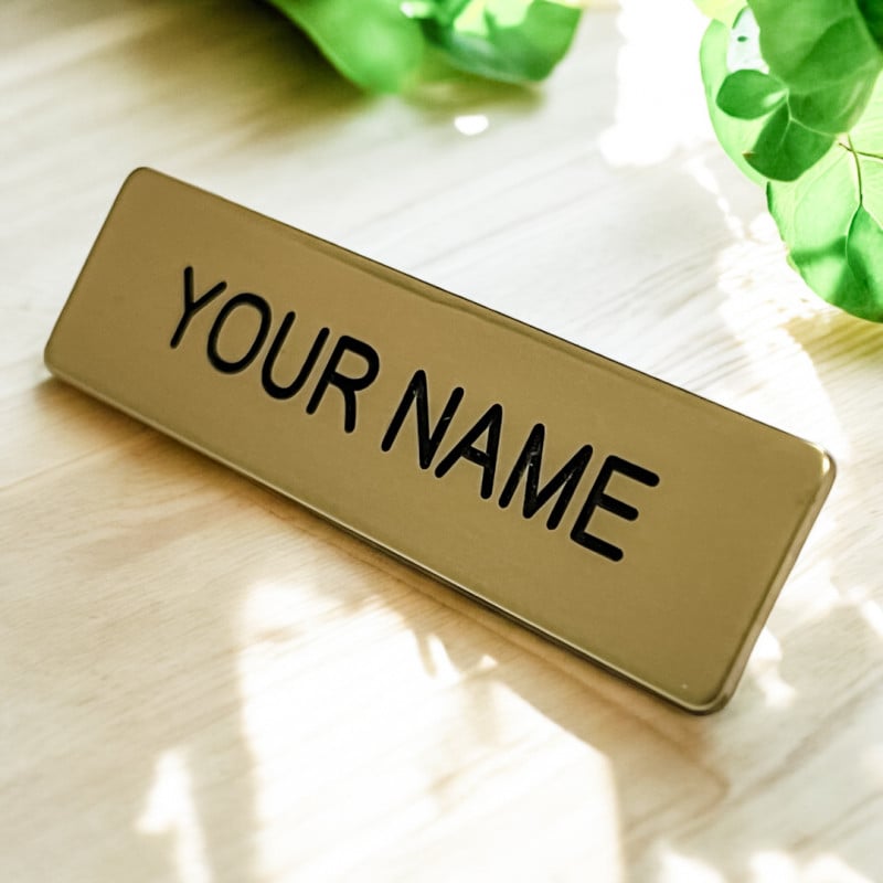 Gold 1 Line- 5/8 x 2 1/2 Metal Engraved Uniform Name Tag with Clutch