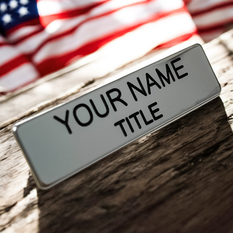 Silver 2 Line - 5/8 x 2 1/2 Metal Engraved Service Name Tag with Clutch