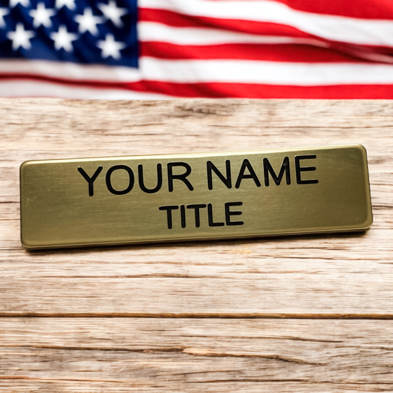 Gold 2 Line - 5/8 x 2 1/2 Metal Engraved Service Name Tag With Clutch