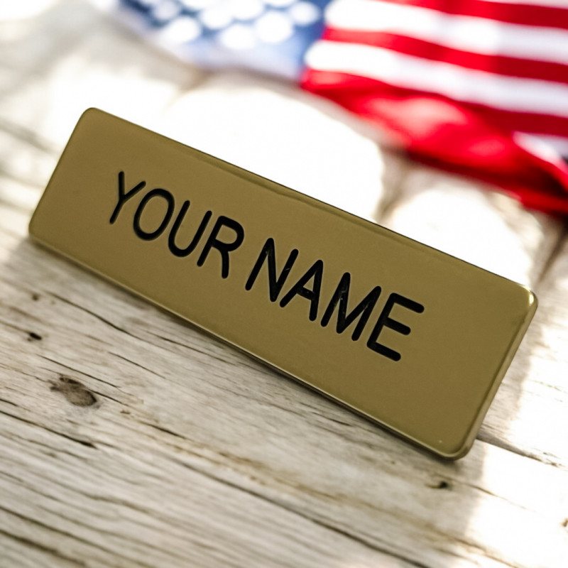 Gold 1 Line- 5/8 x 2 1/2 Metal Engraved Service Name Tag with Clutch
